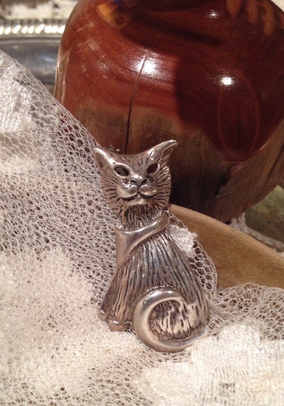 Vintage Sterling Silver Cat Brooch Mexico 925 Artisan