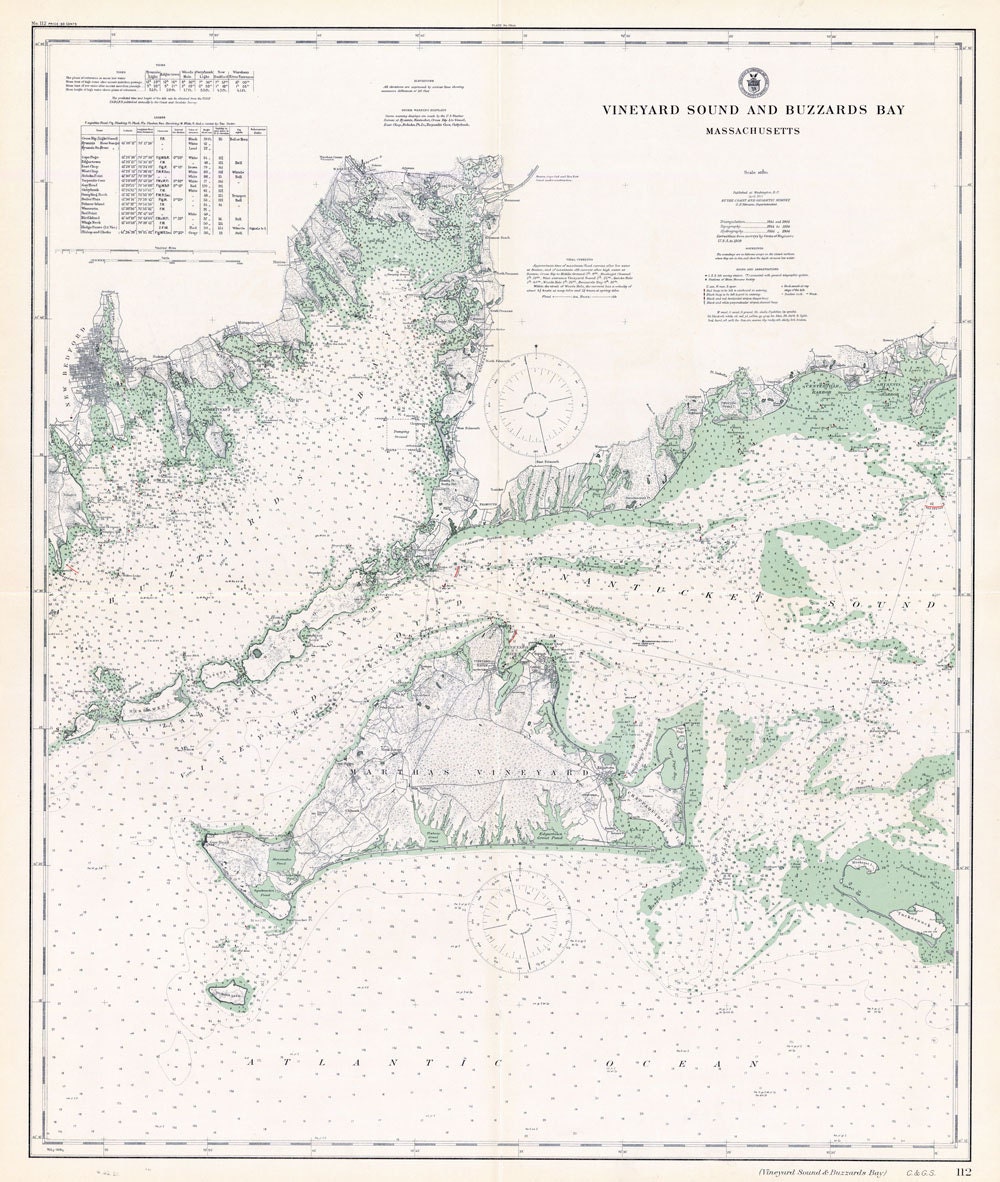 1913 Nautical Map of Marthas Vineyard Sound & Buzzards Bay