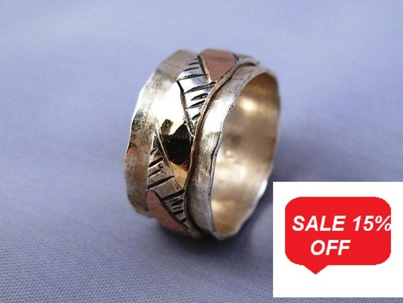 Hammered Spinning Silver Gold 9K Ring - ElenadE - R1119