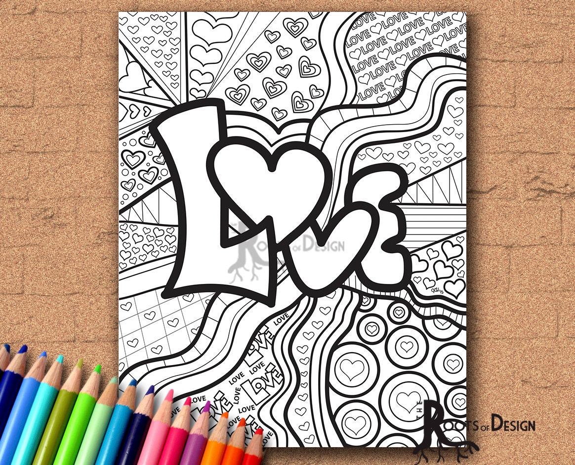 INSTANT DOWNLOAD Coloring Page Love Word Art Print zentangle