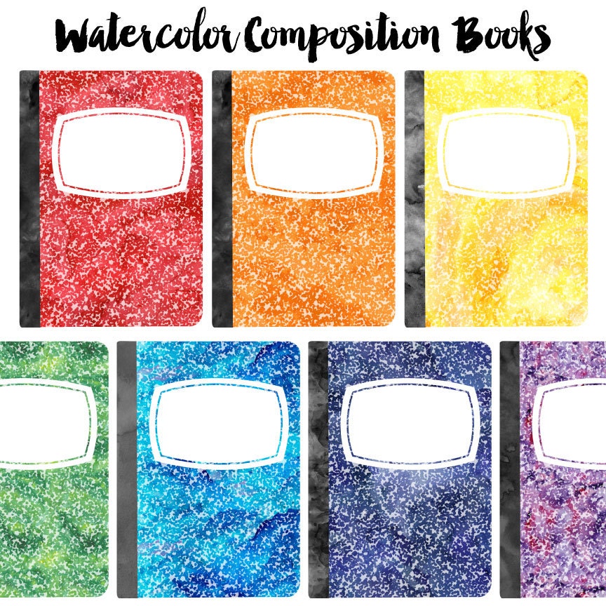 Watercolor Composition Book Clip Art Set School Supplies