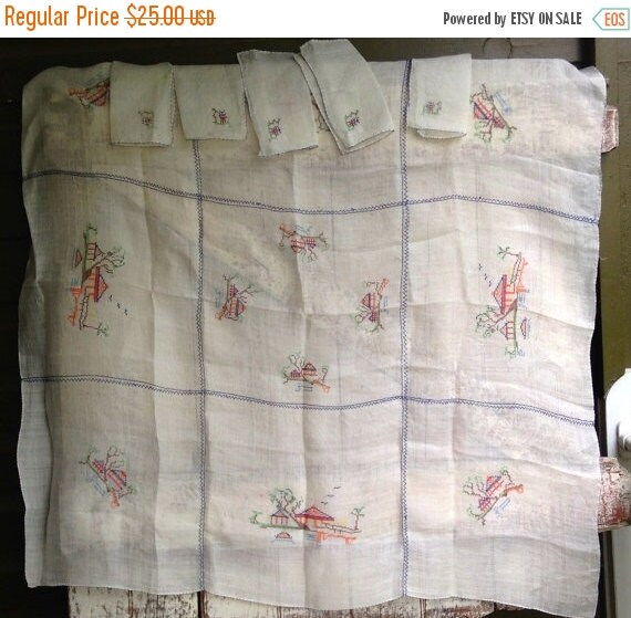 Linen table cloth square embroidered by LititzCarriageHouse