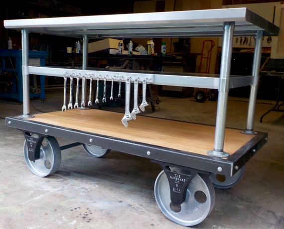 Custom Build Oak Iron and Stainless Steel Tool Cart