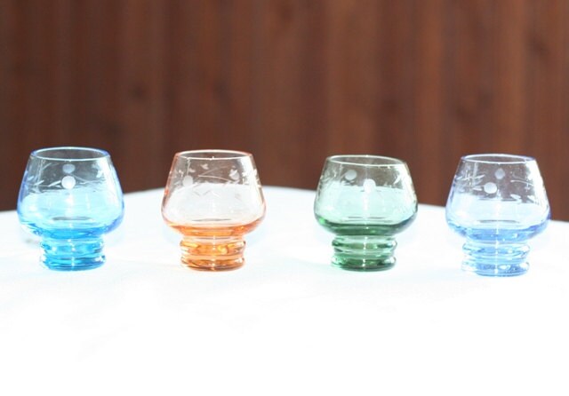 Vintage Multi Colored Etched Glass Brandy Inhalers Shot