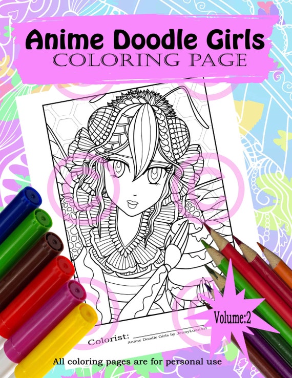 Items similar to Anime Doodle Girl Coloring Page for Adult Coloring ...