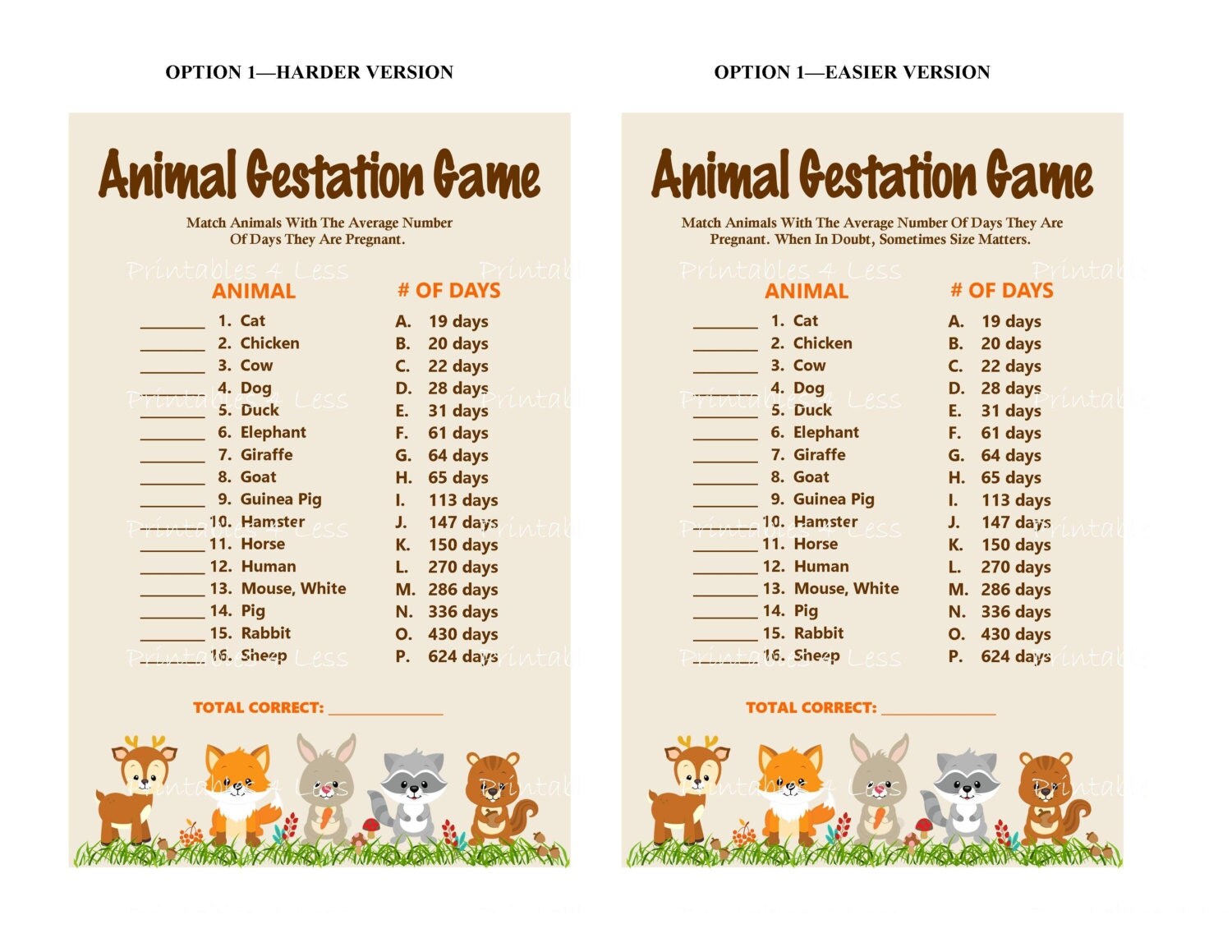 Woodlands Animal Gestation Game Printable Animal Pregnancy