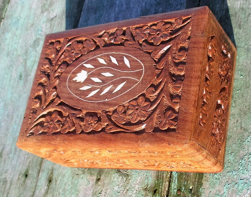 Vintage Carved Wood Inlay Jewelry Trinket Tobacco Box Hand Carved ...