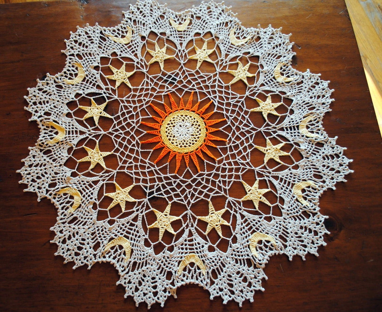 Sun moon and stars doily handmade crochet doilie ecru pale