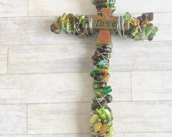 Items similar to Decorative Beaded Cross, Wire Wrapped Cross, Gold ...