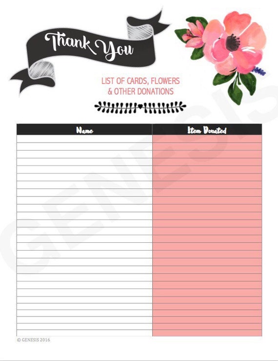 Thank You List Chalkboard floral Thank you log gift log