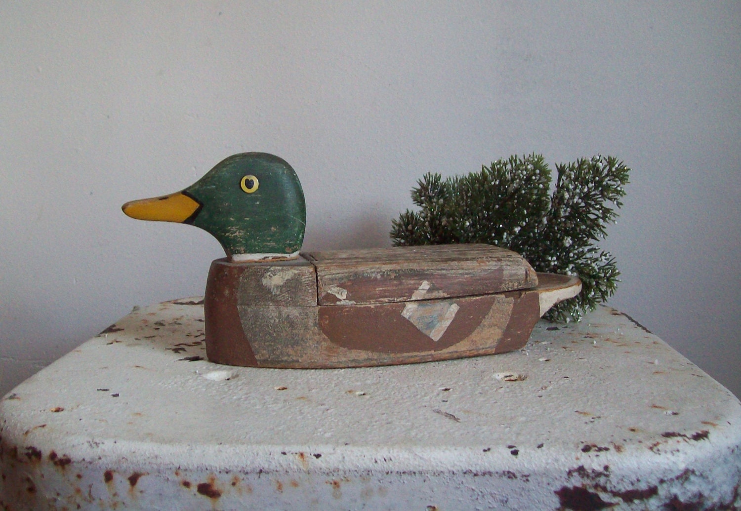 Antique primitive wood duck hand painted dresser box duck decoy 1930s ...
