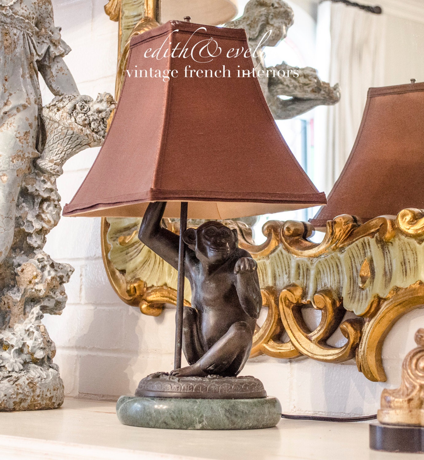 Vintage Bronze Monkey Lamp on Marble Base with Shade