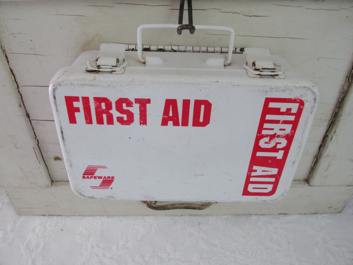 Vintage Heavy Duty Metal First Aid Box/Red and White/Enamel