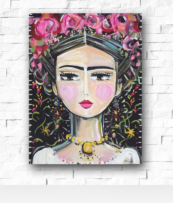 Frida Kahlo Print roses pretty portrait large by DevinePaintings