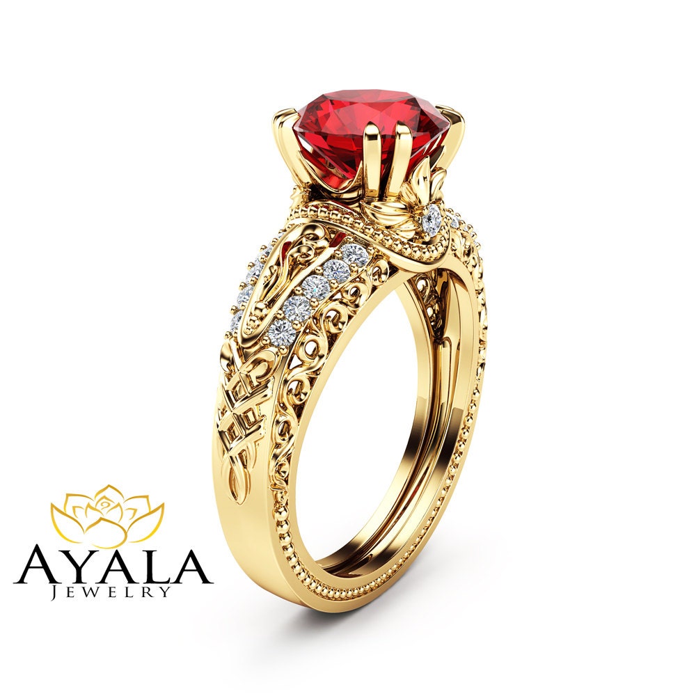 Unique Ruby Engagement Ring 14K Yellow Gold Vintage Ring