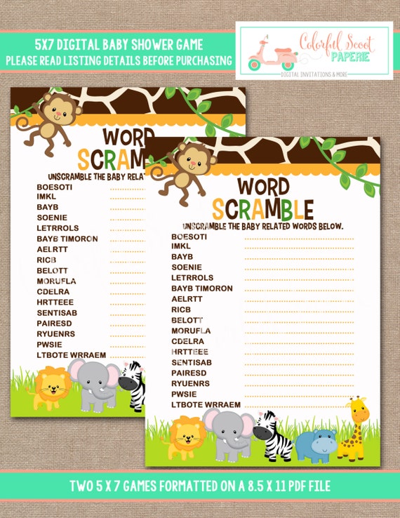 INSTANT DOWNLOAD Jungle Baby Shower Word Scramble Game
