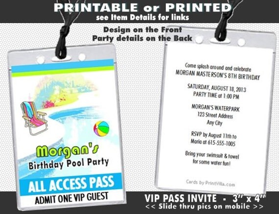 Pool Party VIP Pass Invitation Printable with by PrintVillaInvites