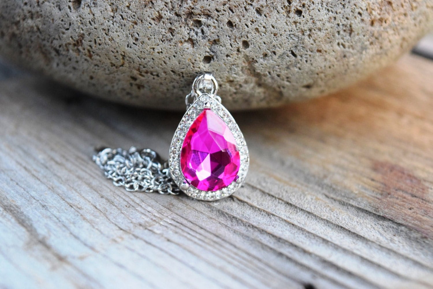 New Sofia Pink Amulet Necklace, Dark Pink Rhinestone Tear Drop Necklace ...