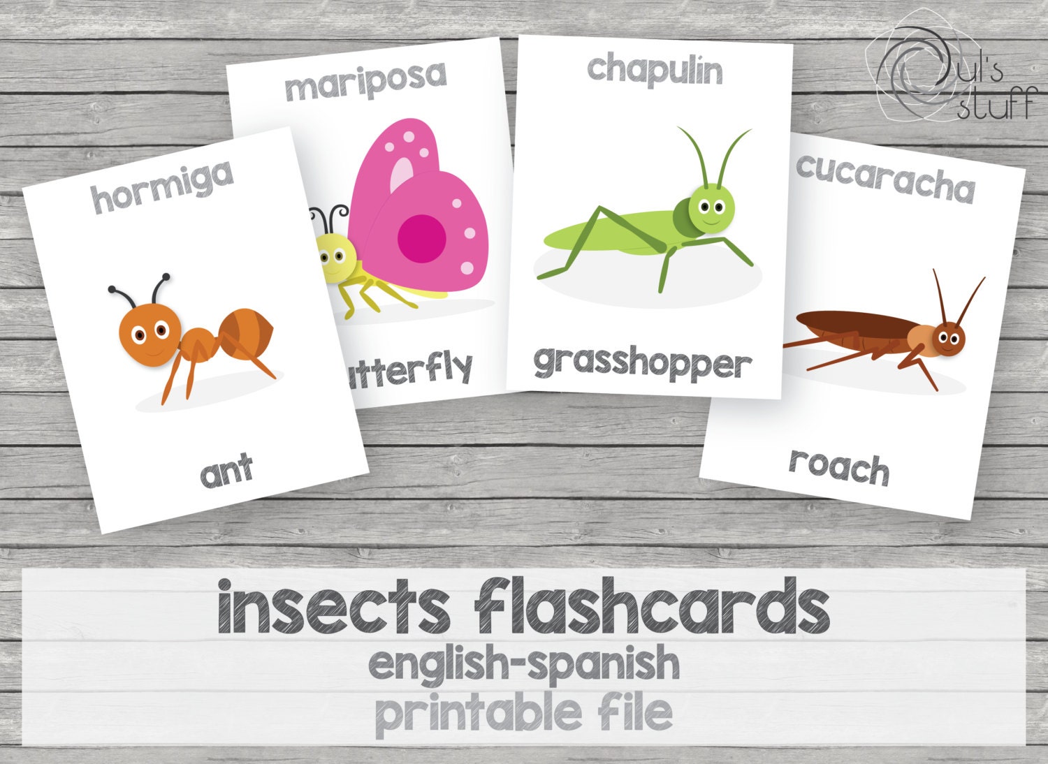 Printable kids insect flashcards english-spanish