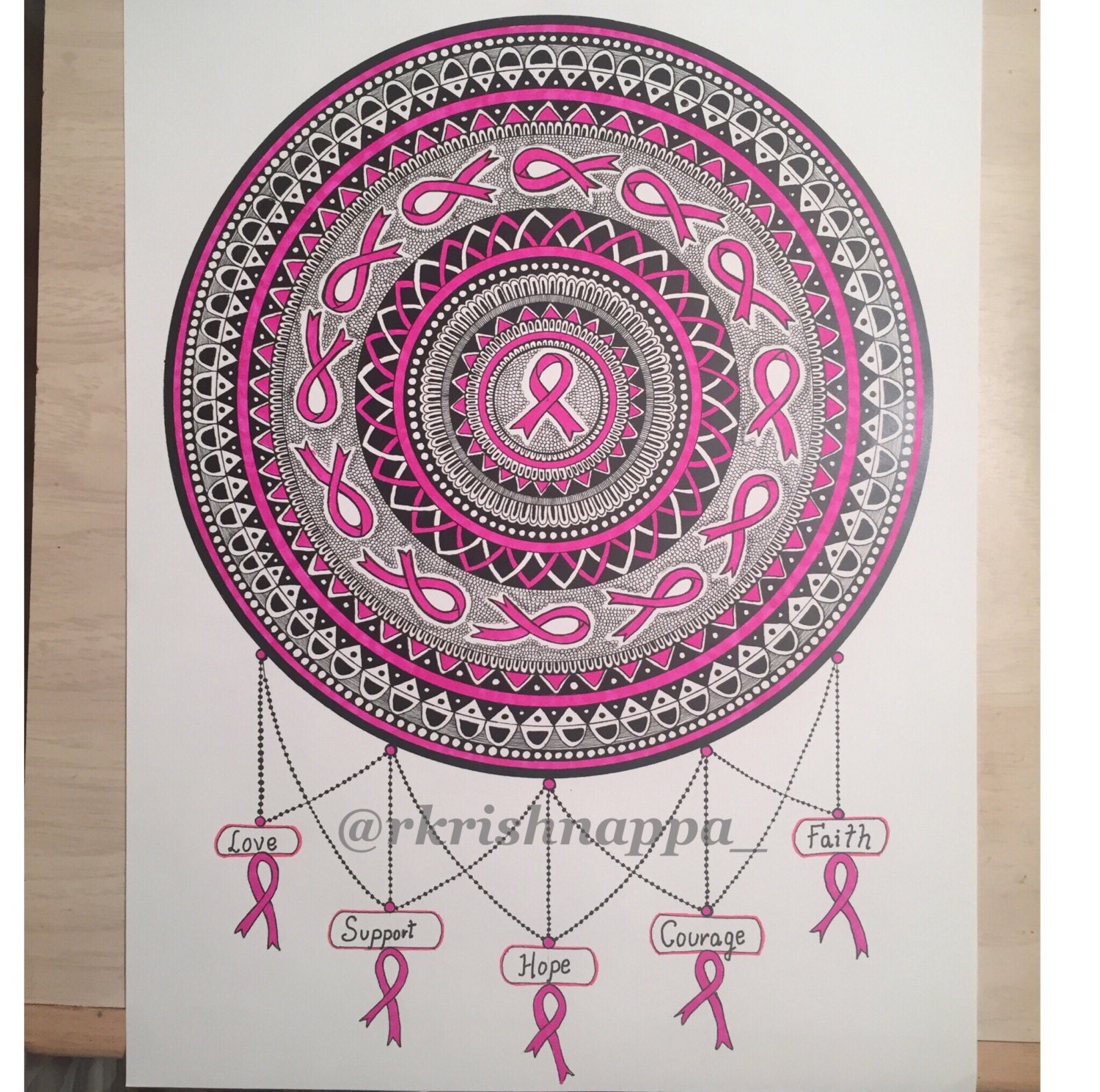 Pink Ribbon Mandala Breast Cancer awareness mandala art