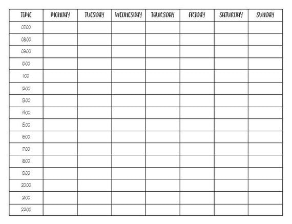 Printed Weekly Table Organiser in 1 hour slots for a Schedule