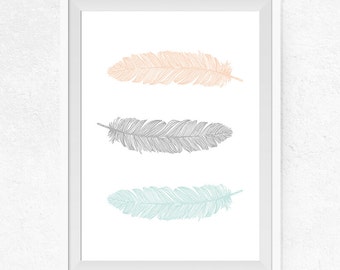 Boho printable watercolor feathers wall art print Hippie wall