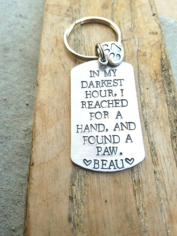 Personalized stamped pet memorial keychain. Pet loss gift.