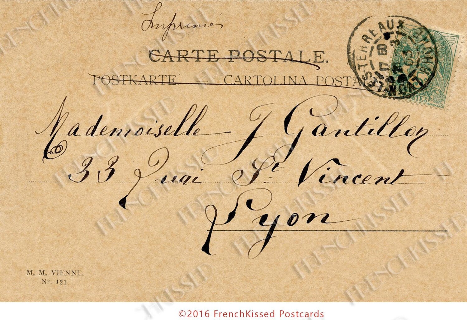 French Script Calligraphy Lyon France 1903 Postcard Digital