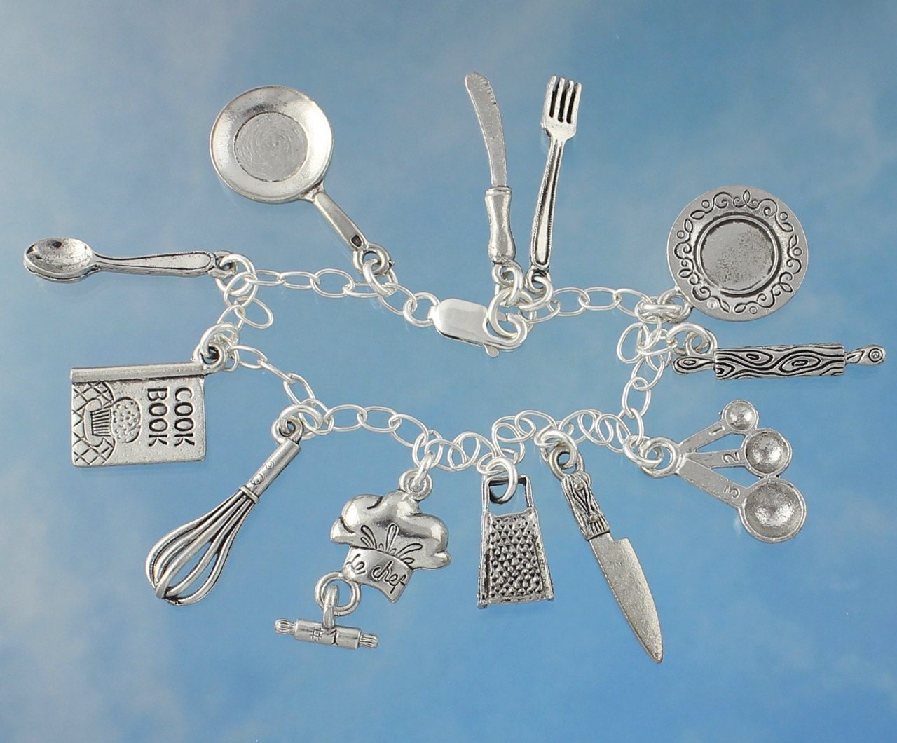Chef charm bracelet pewter cooking utensils on sterling