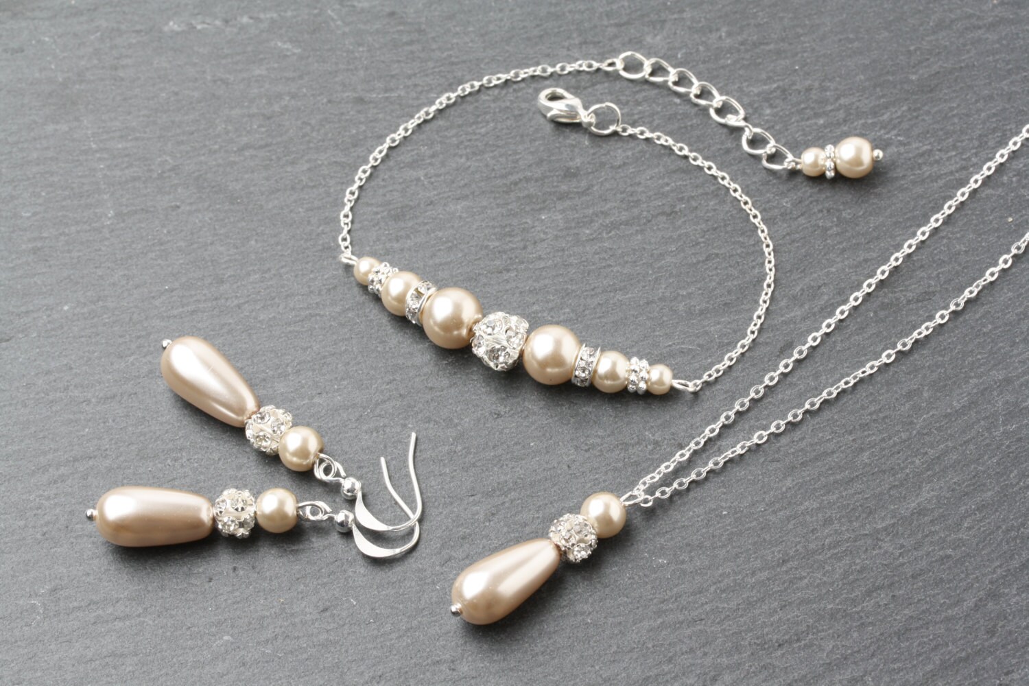 Champagne Pearl jewelry set Champagne Earrings and Necklace