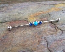 Sapphire Blue Opal Industrial Barbell Piercing Upper Double Ear ...