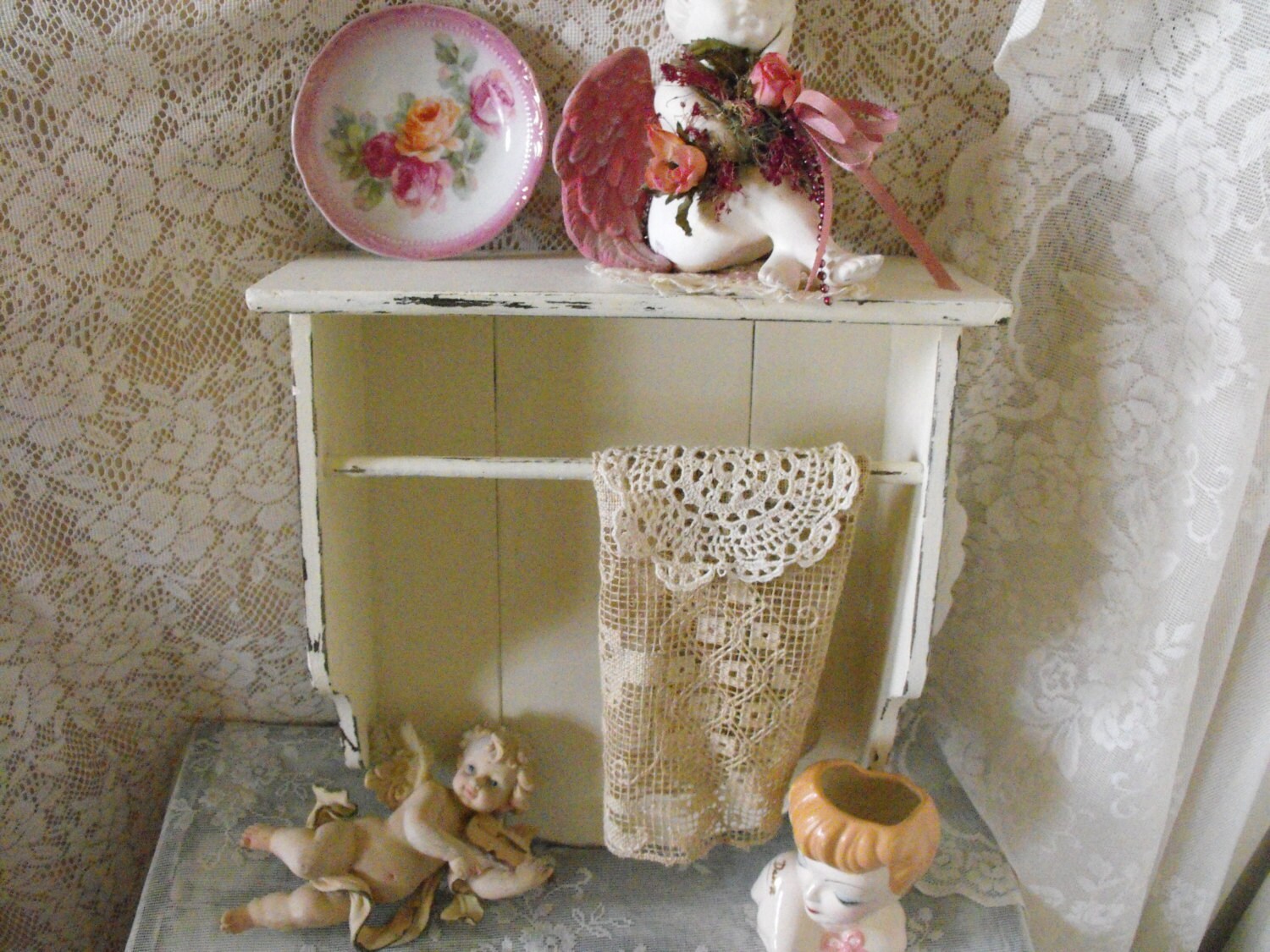 Shabby white wall shelf, hanging curio shelf, shabby cottage chic ... Shabby white wall shelf, hanging curio shelf, shabby cottage chic ...