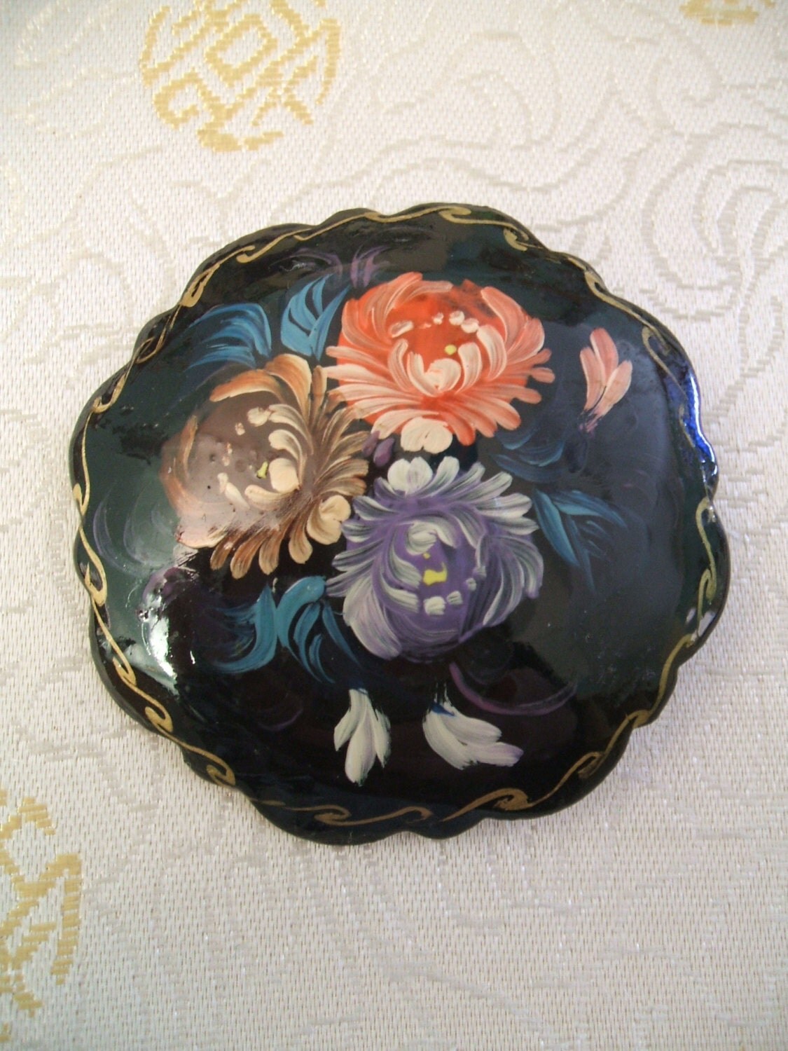 Russian Brooch, Papier Mache, Hand Painted, Lacquered, Flowers, c.1980 ...