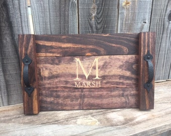 Rustic personalized reclaimed wood engraved serving tray