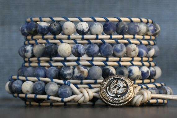 wrap bracelet sodalite on pearl white leather blue white