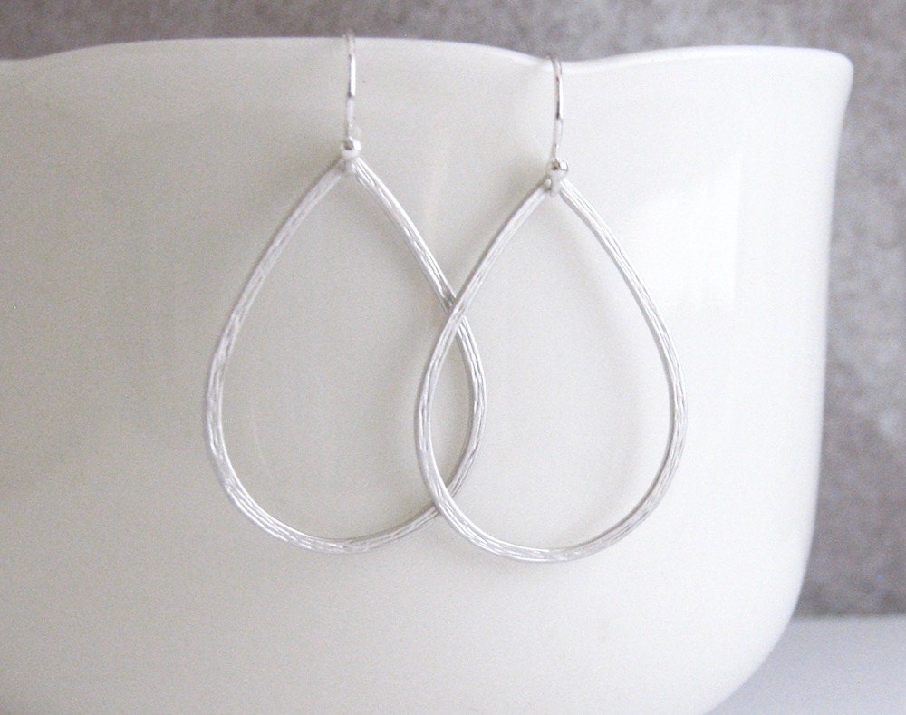 Delicate Hammered Teardrop Hoops Teardrop Earrings Silver