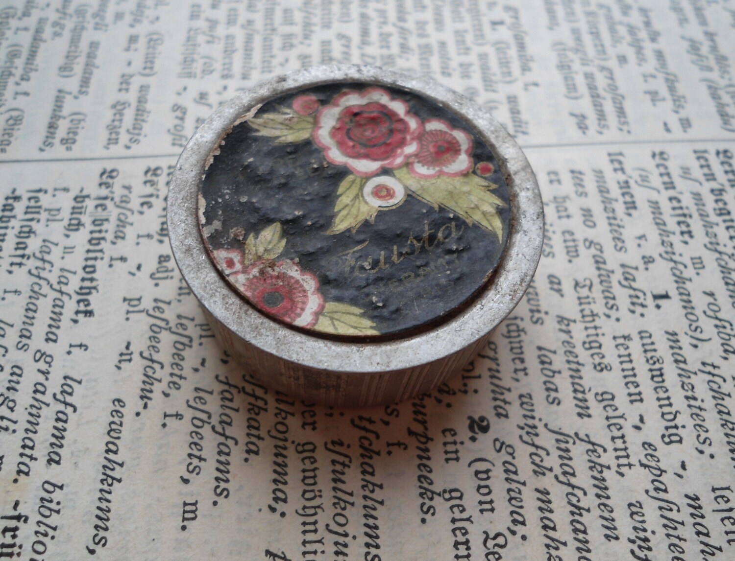 Vintage French silver color metal powder case, puff box, enamel floral ...