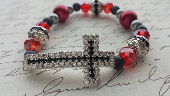 Black and Red Rhinestone Sideways Cross Stretch Bracelet with