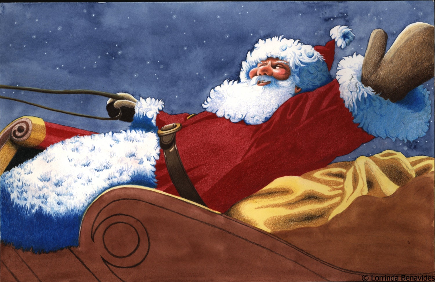 Santa in his Sleigh watercolor colored pencil Christmas