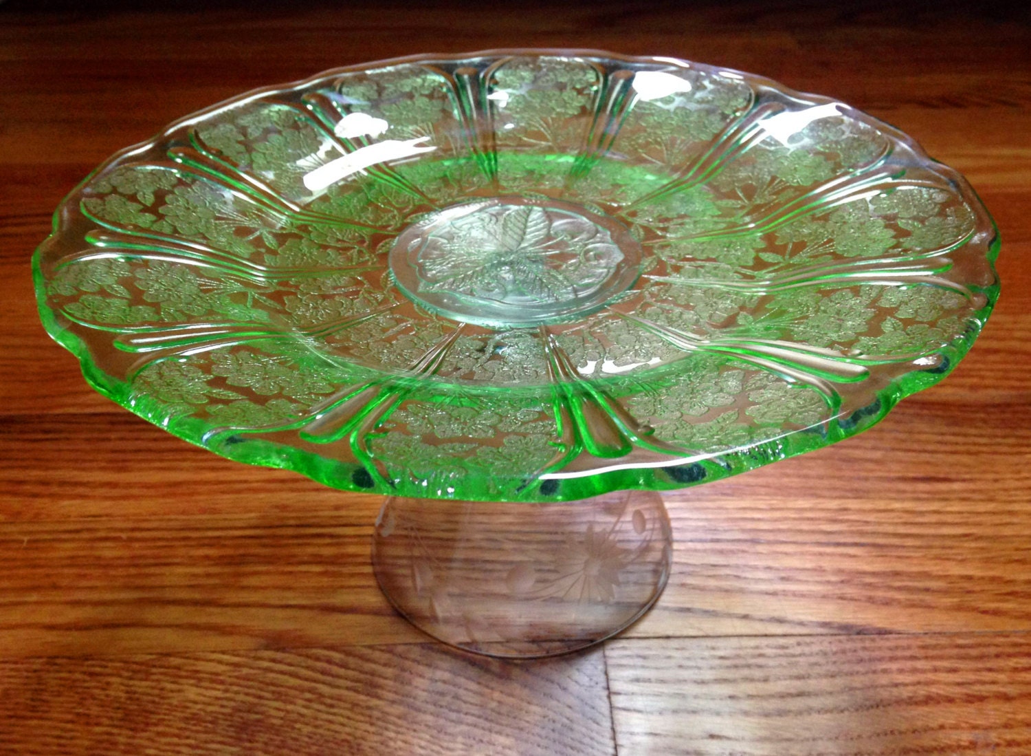 Up-Cycled Vintage Green Depression Glass Cake Stand by Vintage538
