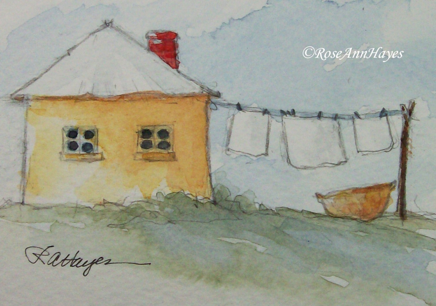 Laundry Day Clothesline Original Watercolor Painting ACEO Wash