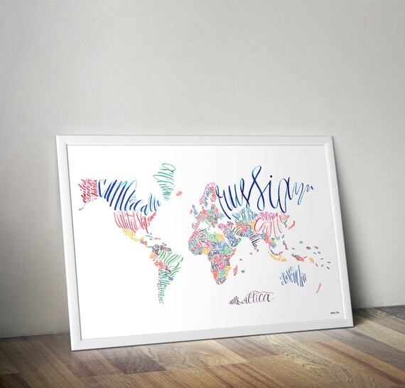 WORLD MAP calligraphy map art colorful typography continents