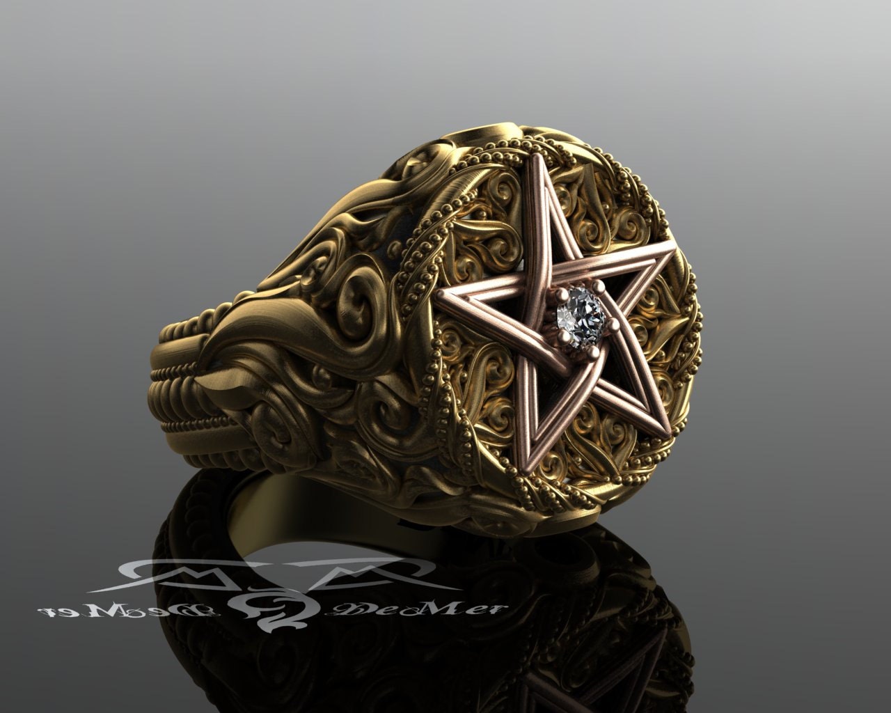 Solid 18kt 2-tone diamond large supernatural pentagram ring.