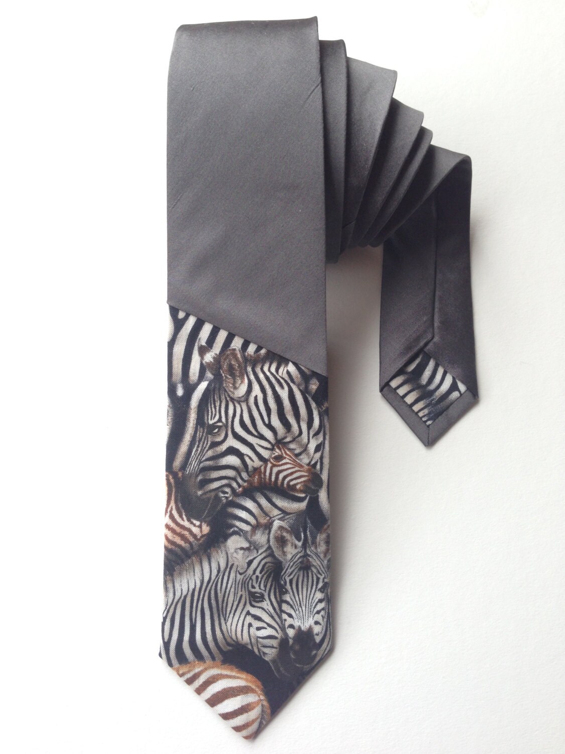 Grey Silk Tie with Zebra Print Animal Print Silk Tie Mens