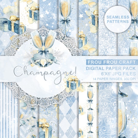 Champagne Seamless Patterns Winter Digital Paper Pack Blue