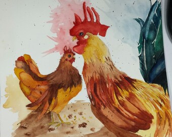 Watercolor chicken | Etsy