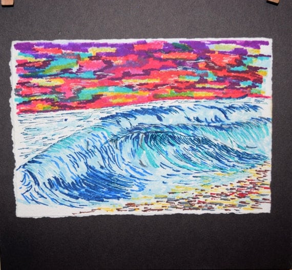 Painting pen & ink Ocean at sunset by ArtbyAimeeMann on Etsy