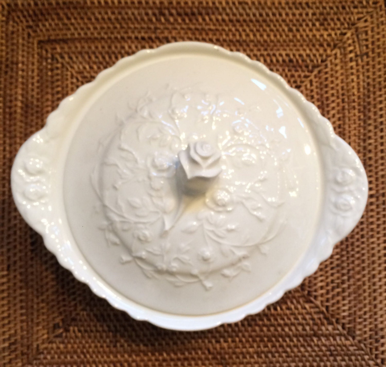 Rose Point Covered Round Serving Dish, Heavily Embossed with Rosebud ...