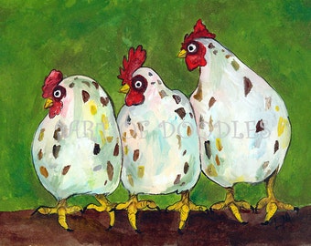 Funky abstract rooster chicken art print mounted on stained