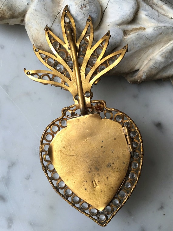 authentic 1800s antique French paste flaming heart reliquary